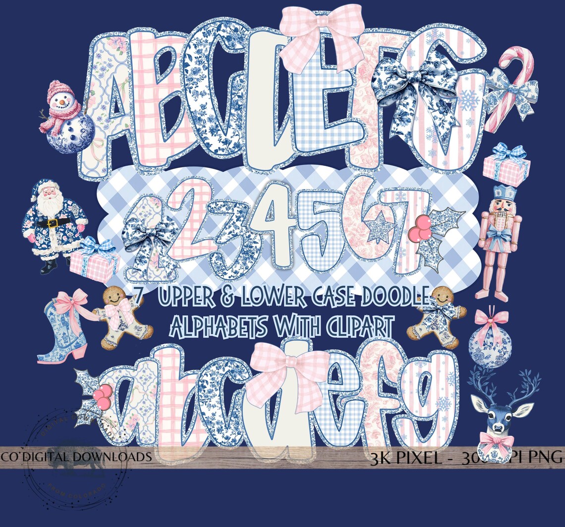 Preppy Christmas Alphabet Bundle PNG, Blue Pink Doodle Letters, Toile ...