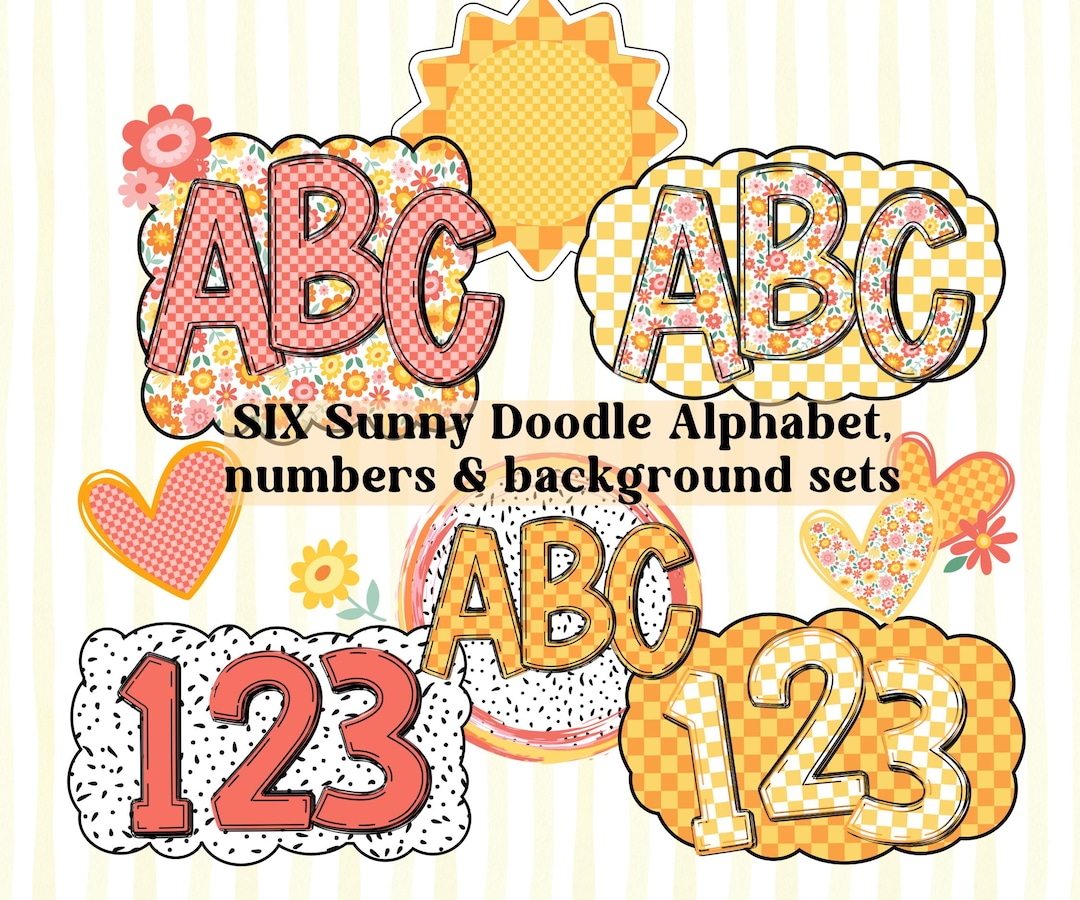 Summer Alphabet PNG, Bright Checker Letters Bundle, Floral Doodle Font ...