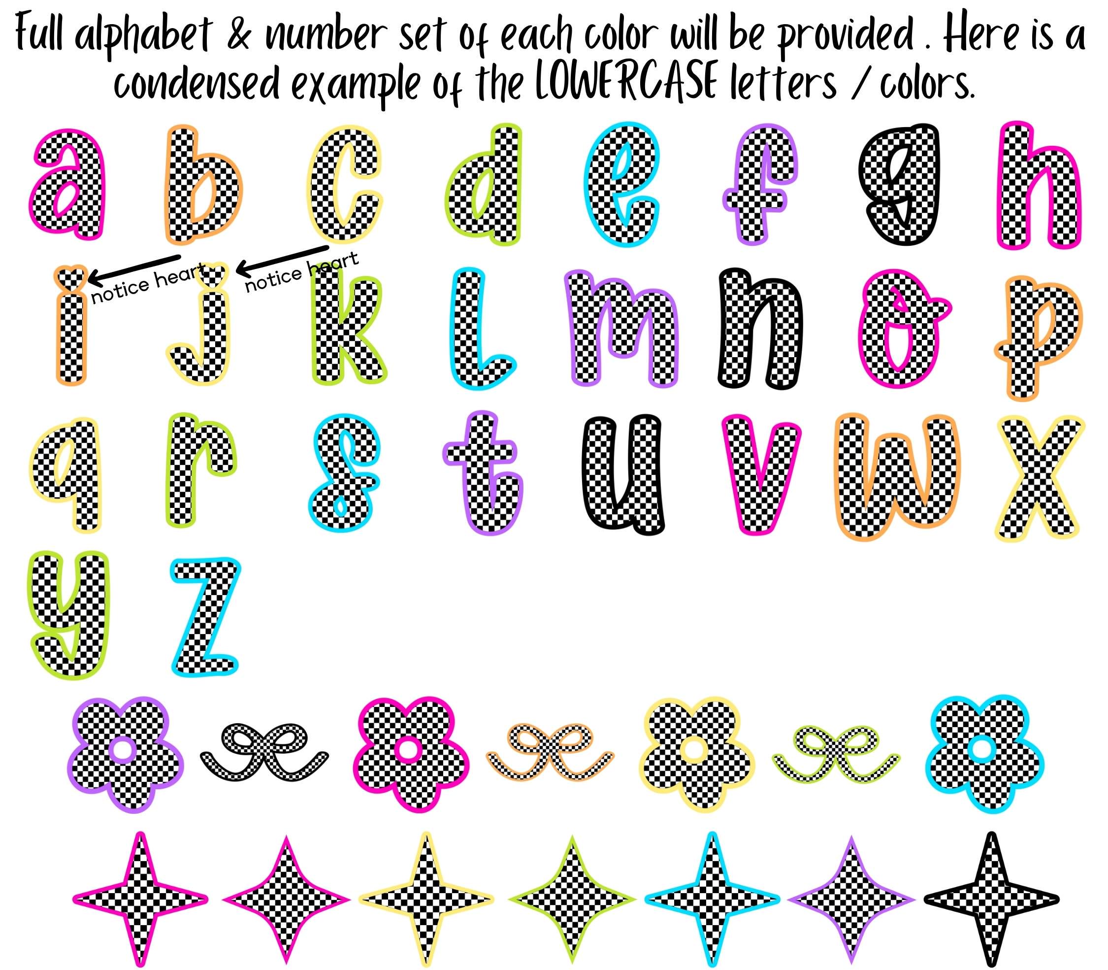 Neon Checker Alphabet Bundle PNG PDF, Upper & Lowercase, Alpha Doodle ...