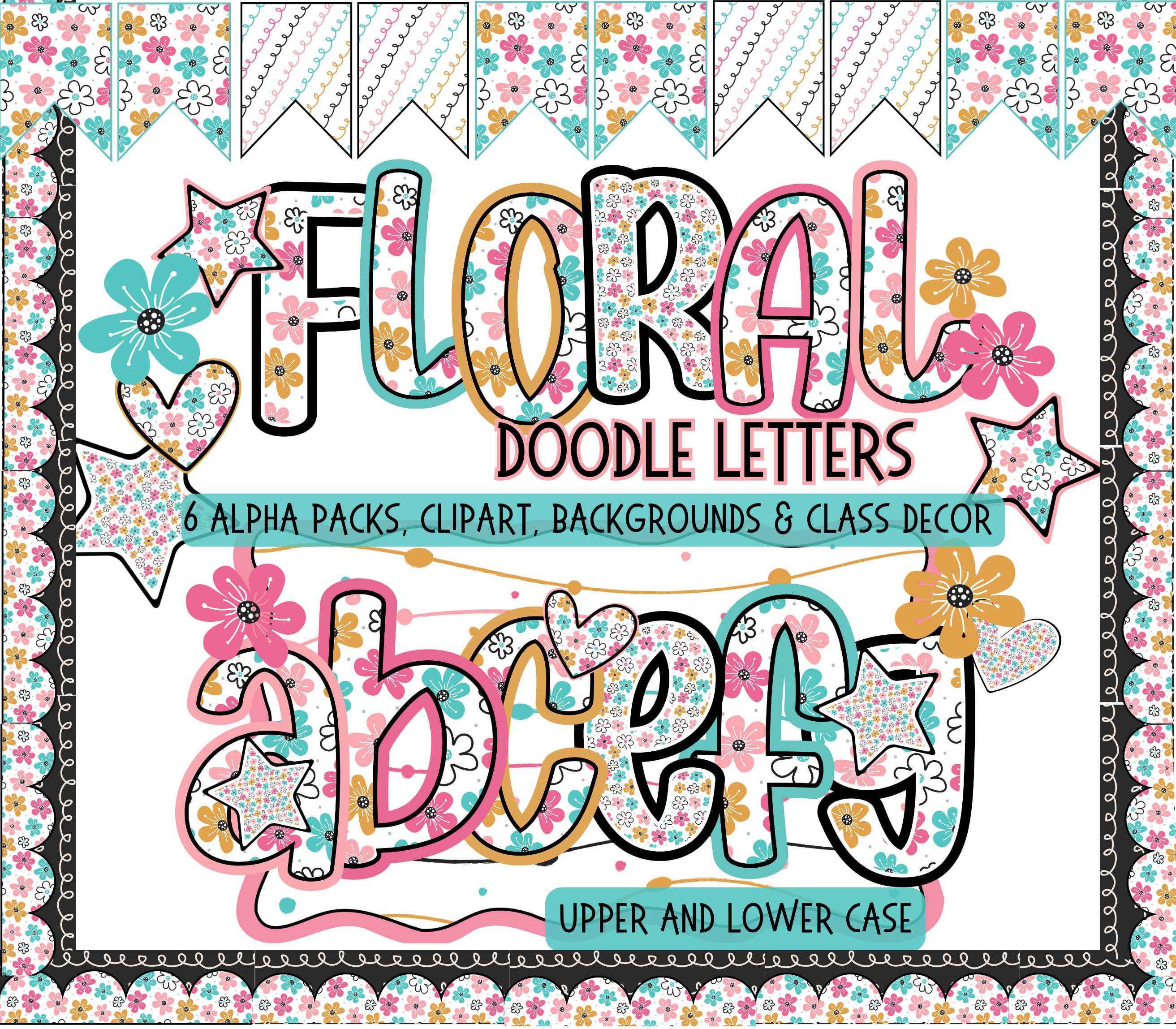 Floral Alphabet PNG Bundle, Upper Lowercase, Alpha Doodle Letters ...