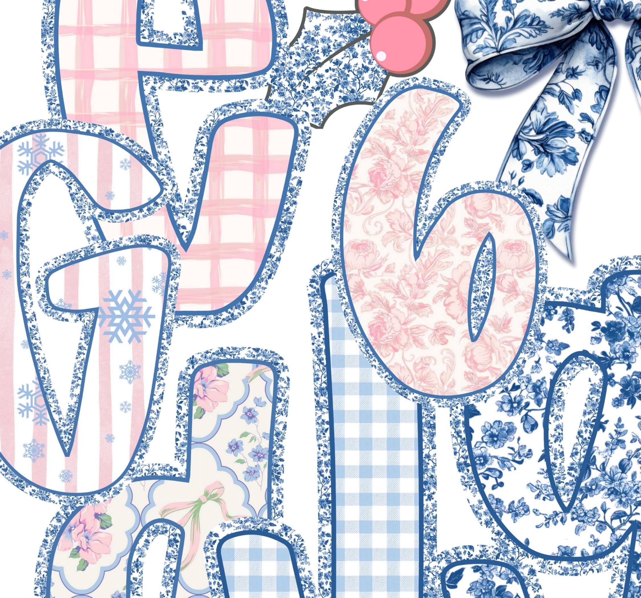 Preppy Christmas Alphabet Bundle PNG, Blue Pink Doodle Letters, Toile ...