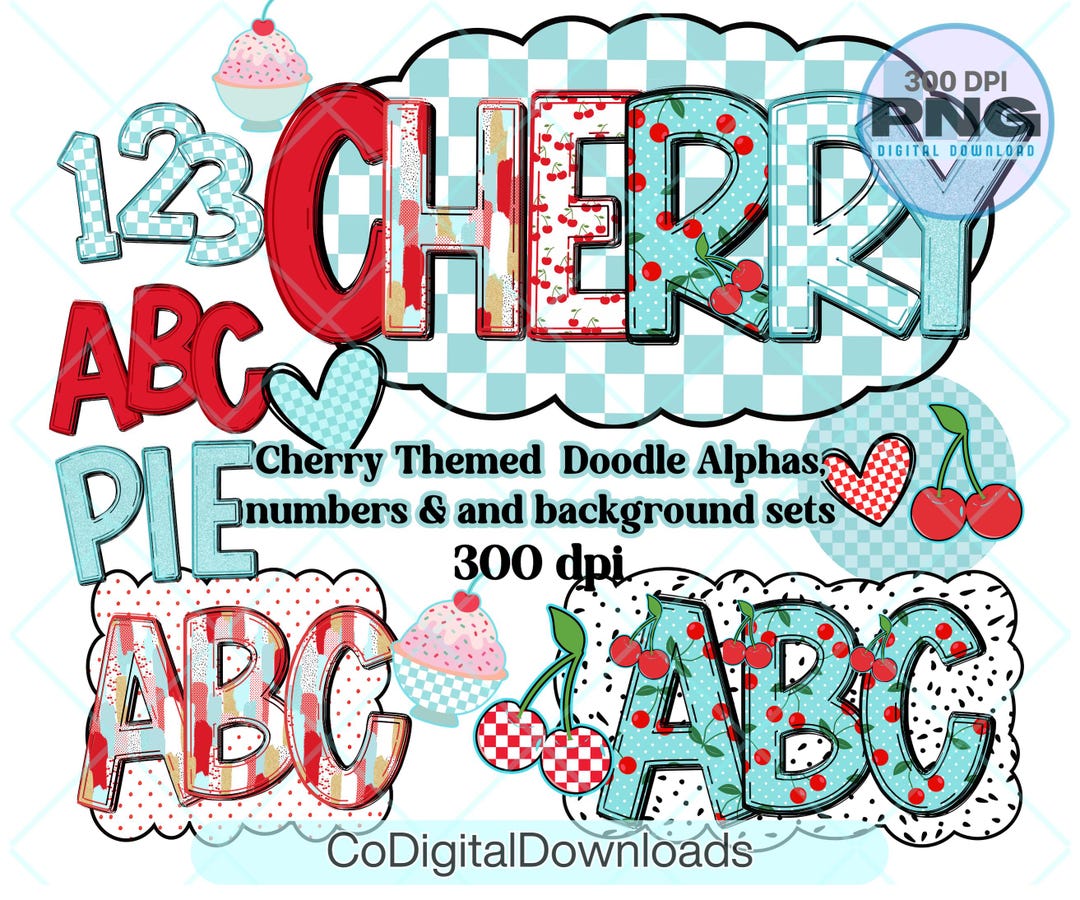 Cherry Alphabet PNG Bundle, Brush Stroke Cherries Doodle Letters ...