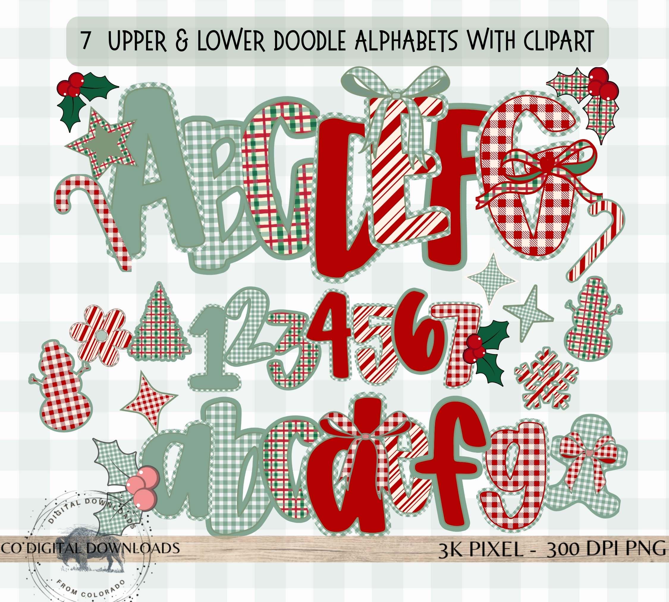 Preppy Christmas Alphabet Bundle PNG, Red Green Doodle Letters, Gingham ...