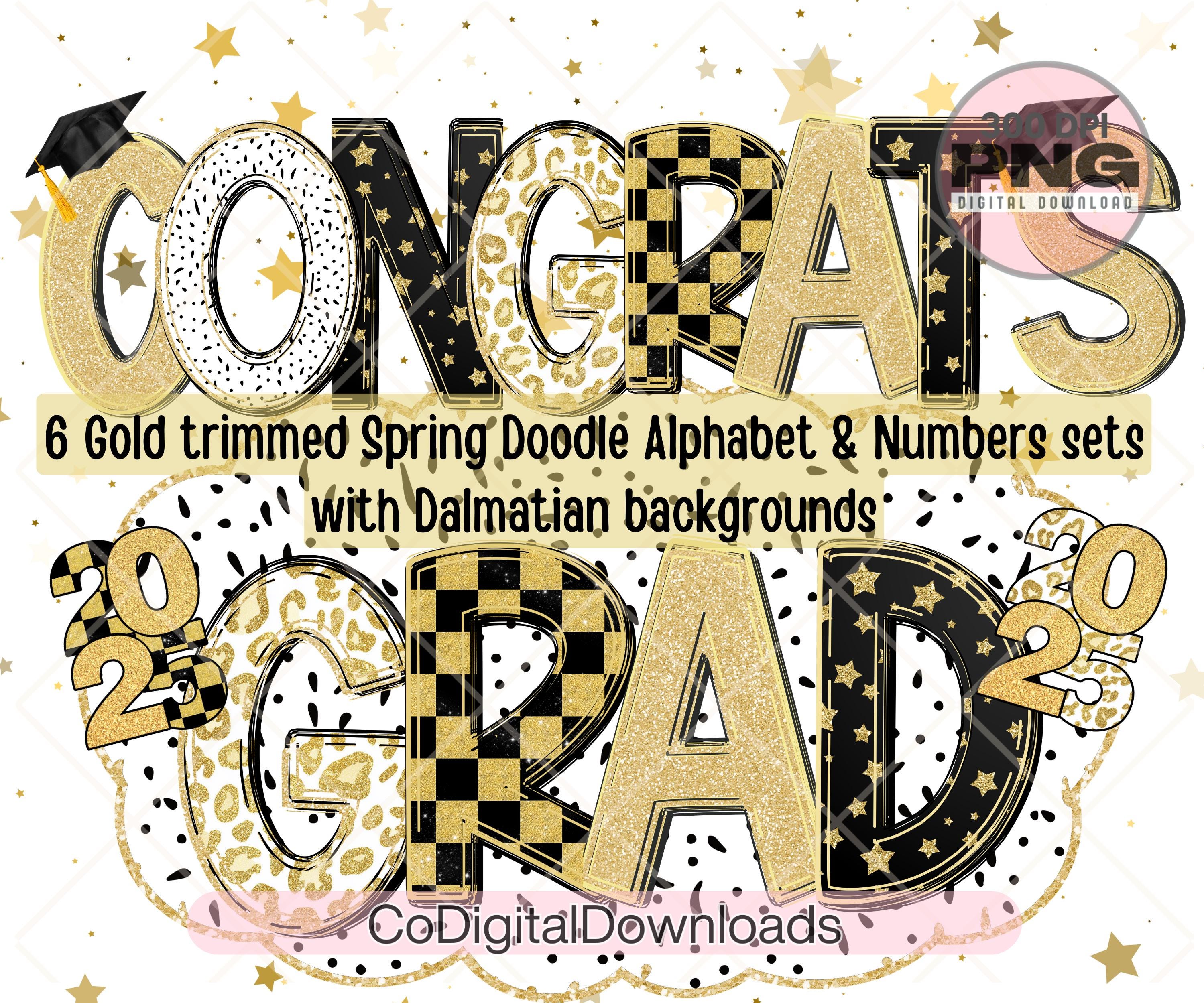 Graduation Alpha Png Doodle Bundle, Glitter Alphabet Set, Gold Black ...