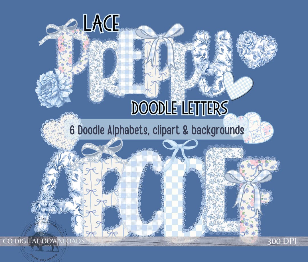 Lace Floral Alphabet PNG Bundle, Preppy Blue Toile Letters, Bow Digital ...
