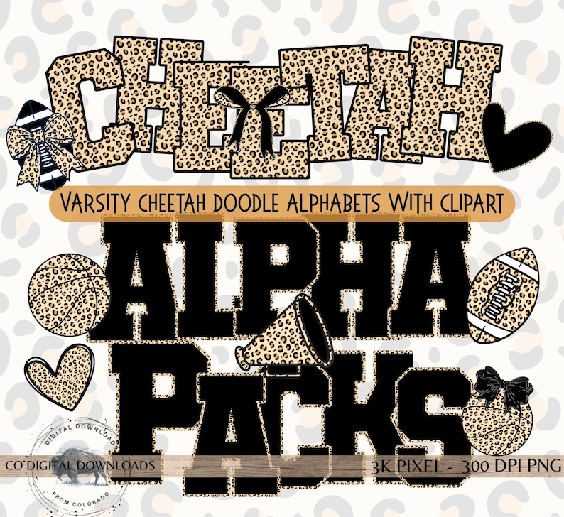 Varsity Cheetah Alphabet Bundle PNG & Numbers, Sports Animal Doodle ...