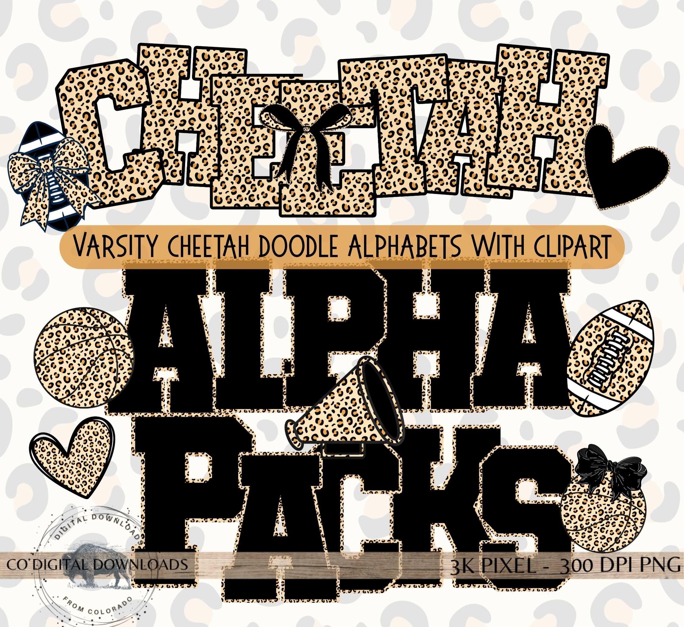 Varsity Cheetah Alphabet Bundle PNG & Numbers, Sports Animal Doodle ...