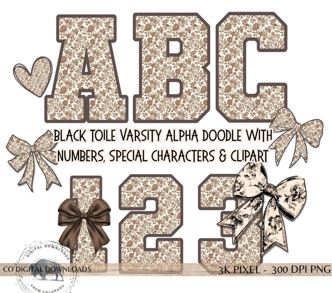 Brown Floral Alphabet Doodle PNG, Varsity Toile Letters PNG, Black ...