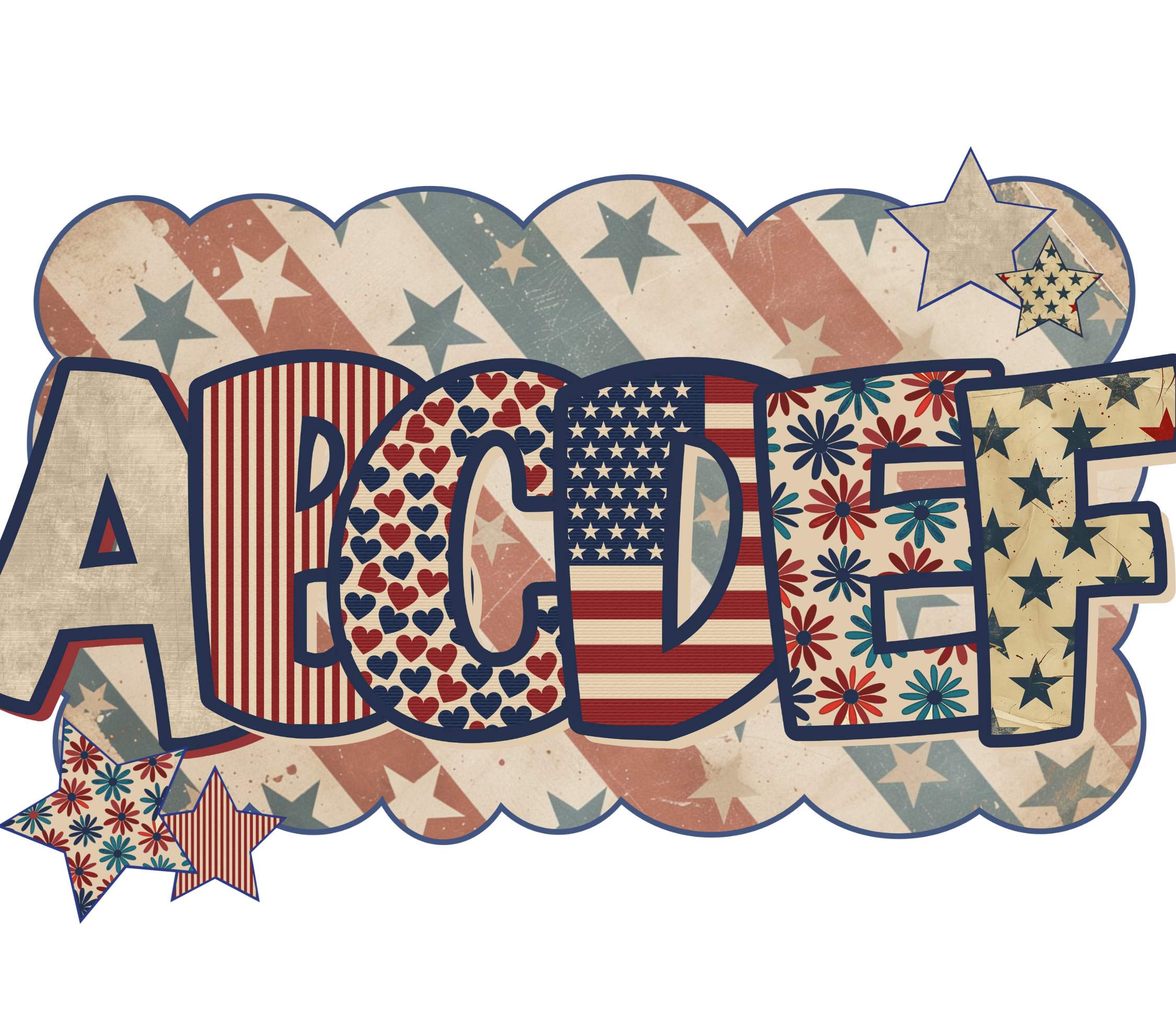Americana Doodle Alphabet PNG Bundle, Vintage 4th of July Letters ...