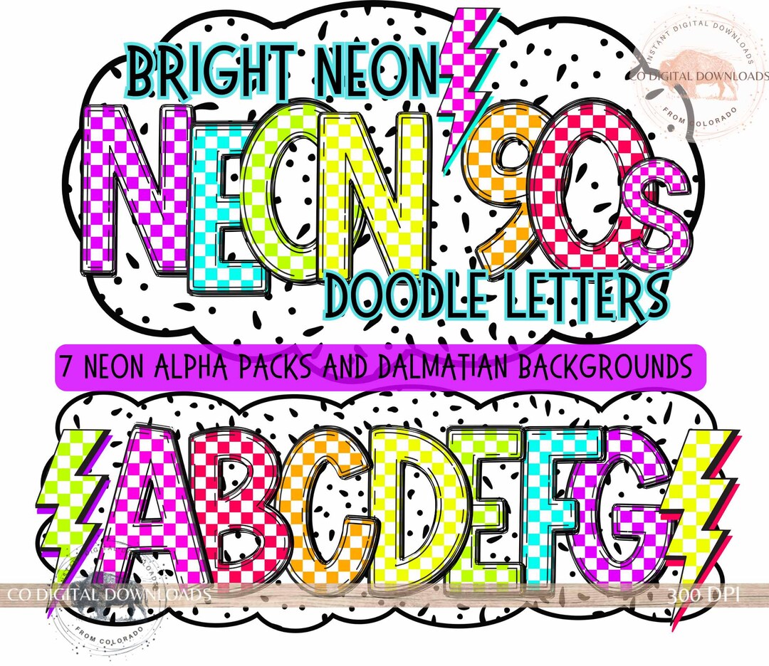 Neon Checker Alphabet Bundle Png, Alpha Doodle Letters, Printable Retro ...