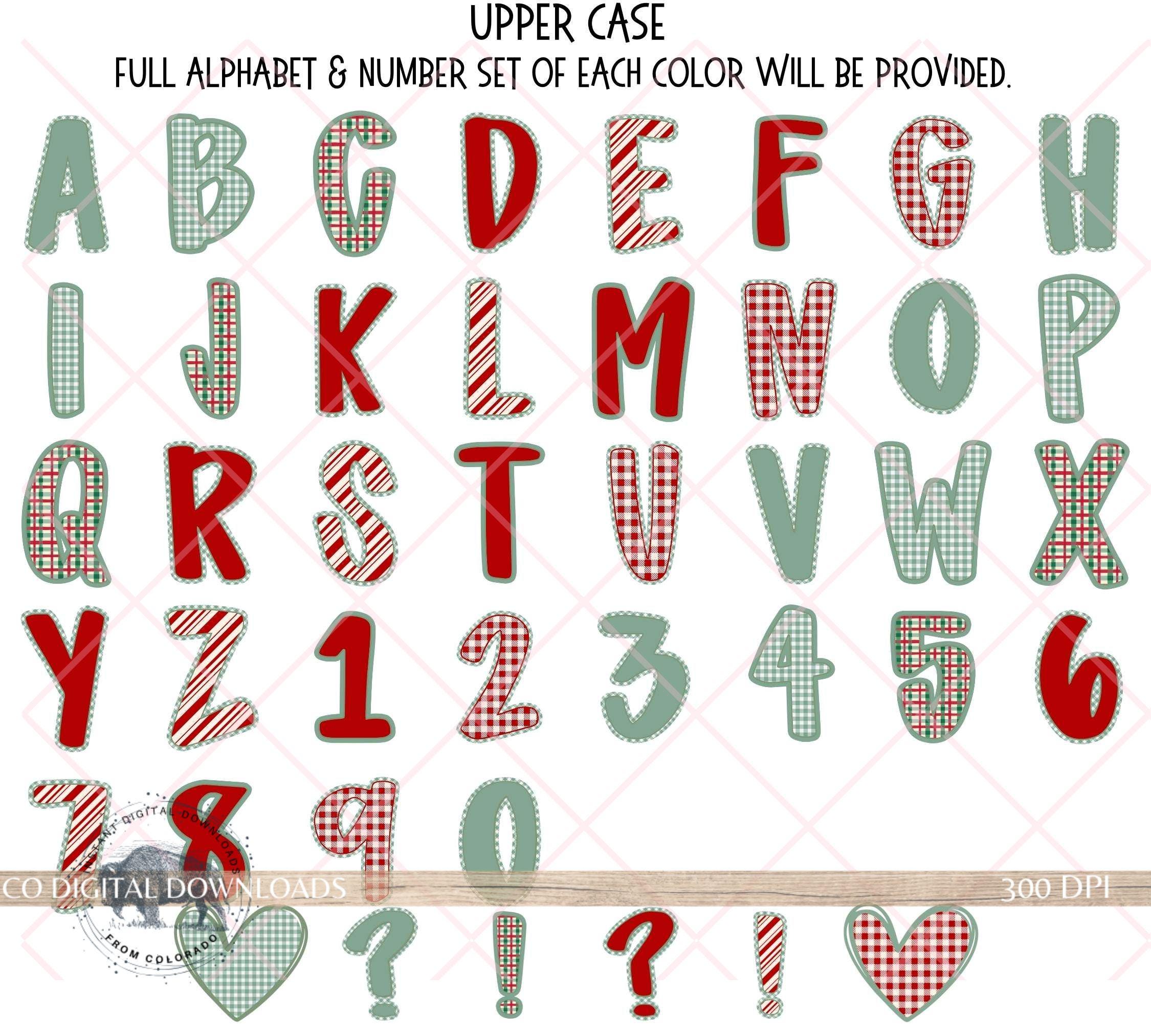 Preppy Christmas Alphabet Bundle PNG, Red Green Doodle Letters, Gingham ...