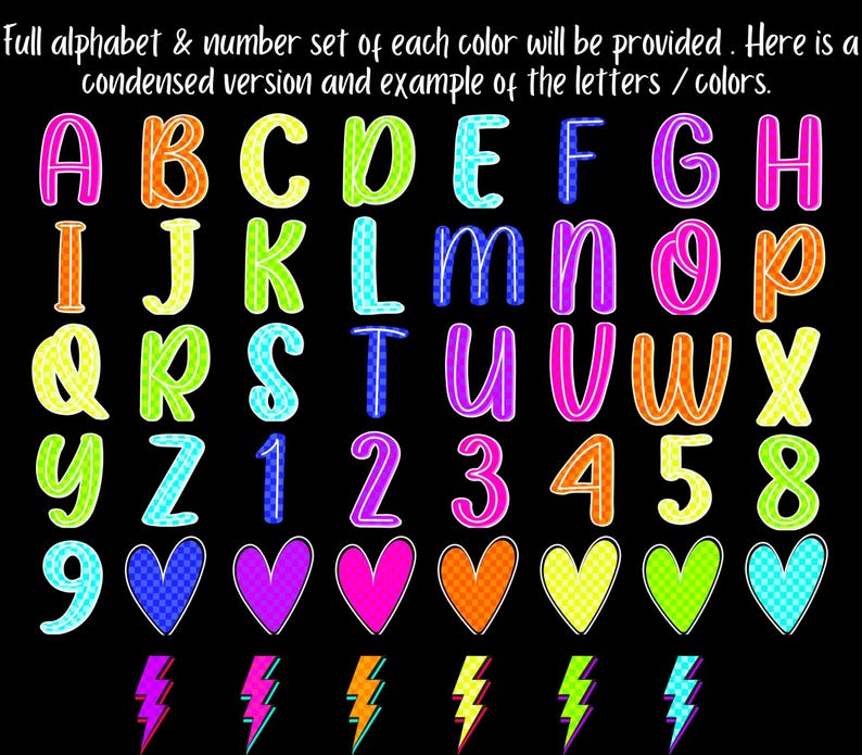 Neon Checker Alphabet PNG Bundle: Bright Doodle Font, Centerline ...