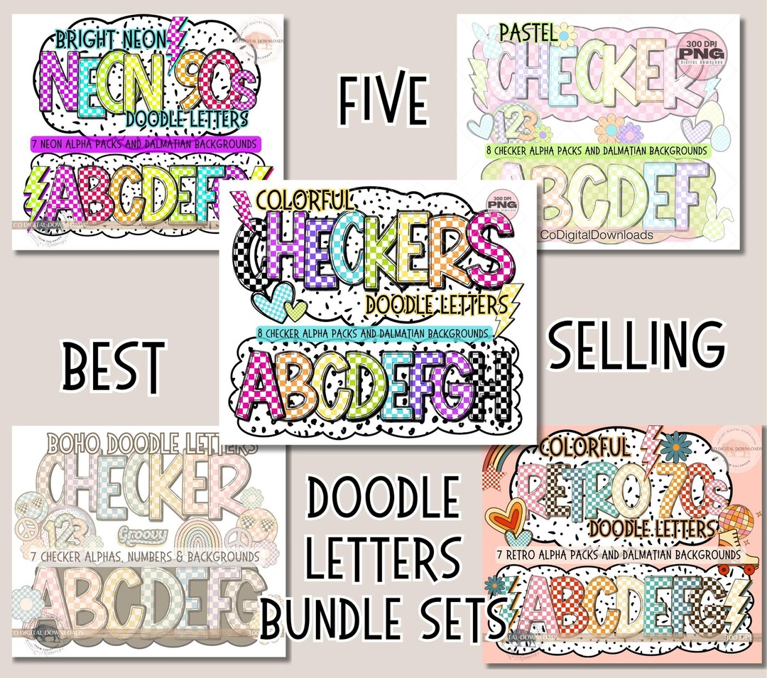Checker Alphabet Bundles PNG, 5 Sets of Retro Alpha Doodle Letters ...