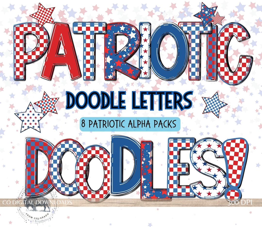Patriotic Doodle Alphabet Bundle, 4th of July PNG Letters, Numbers ...