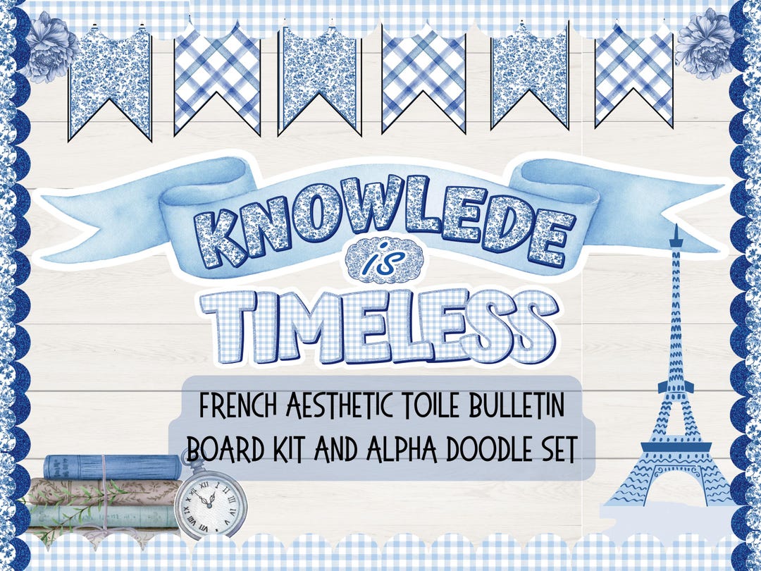 Spring Bulletin Board Kit Bundle, French Toile Theme, Blue Doodle ...
