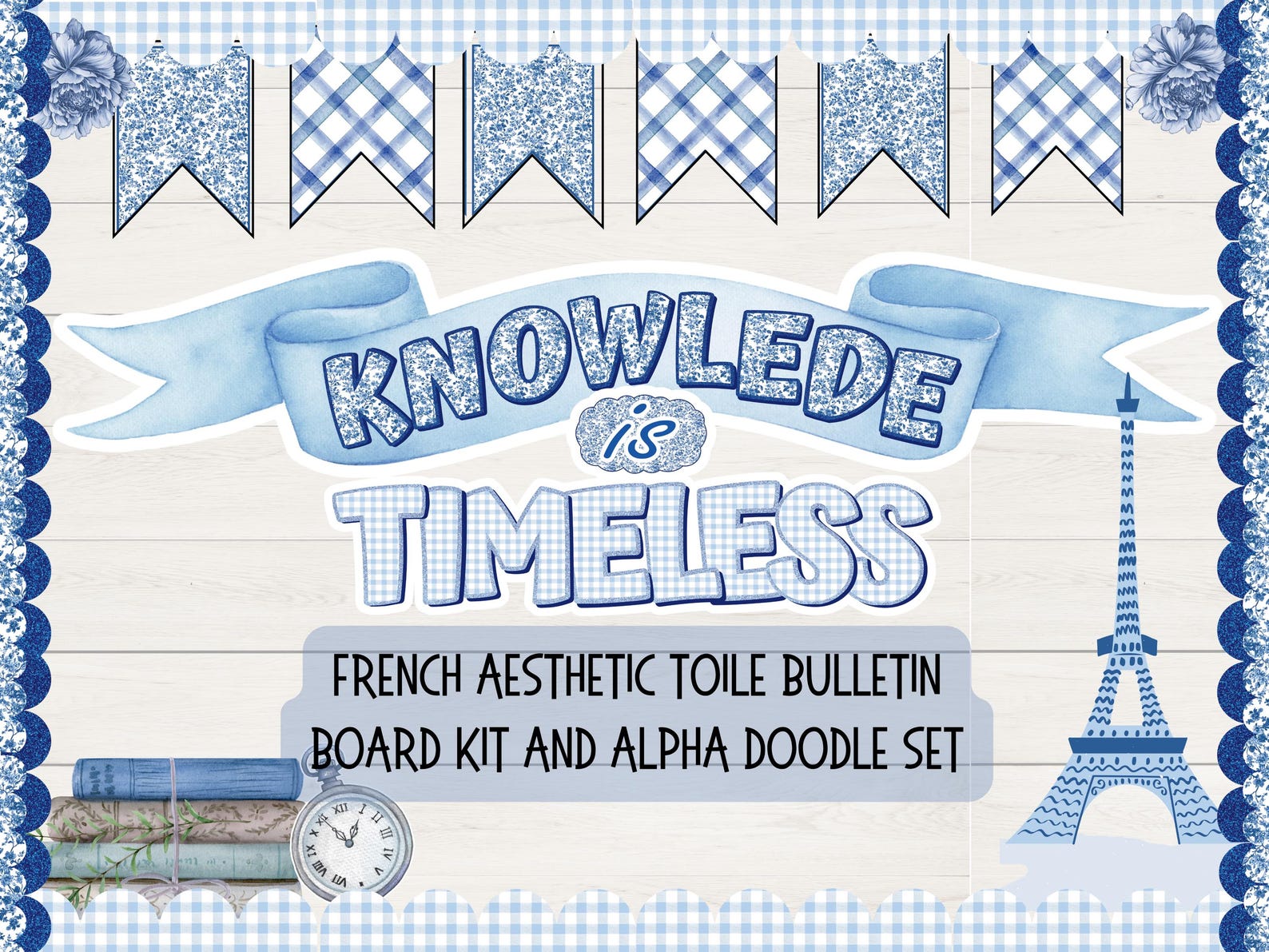 Spring Bulletin Board Kit Bundle, French Toile Theme, Blue Doodle ...