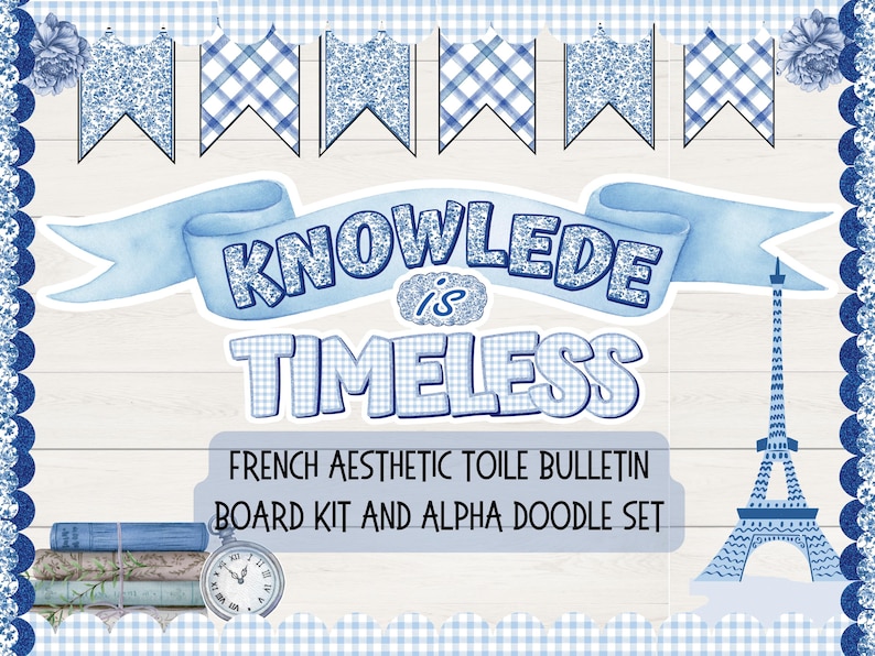 Spring Bulletin Board Kit Bundle, French Toile Theme, Blue Doodle ...