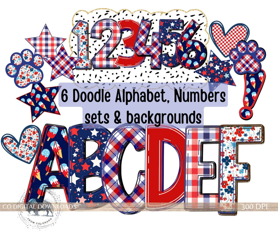 Classic 4th of July Alphabet PNG, Patriotic Doodle Alphabet Bundle ...