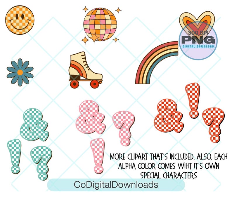 Retro Checker Alphabet Bundle PNG, Groovy Doodle Letters, Disco Preppy ...