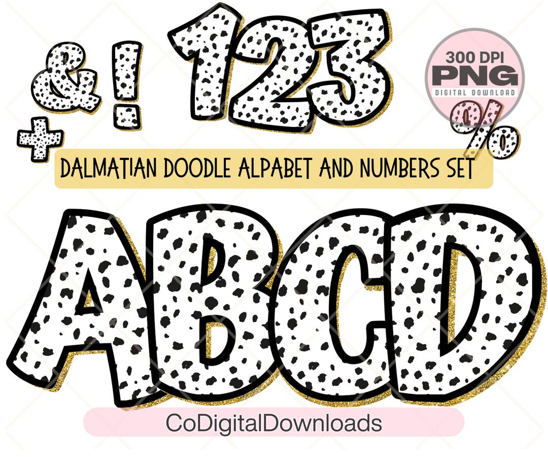 Dalmatian Dot Doodle Letters PNG Bundle, Spring Alpha PNG, Gold Glitter ...