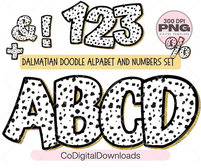 Dalmatian Dot Doodle Letters PNG Bundle, Spring Alpha PNG, Gold Glitter ...