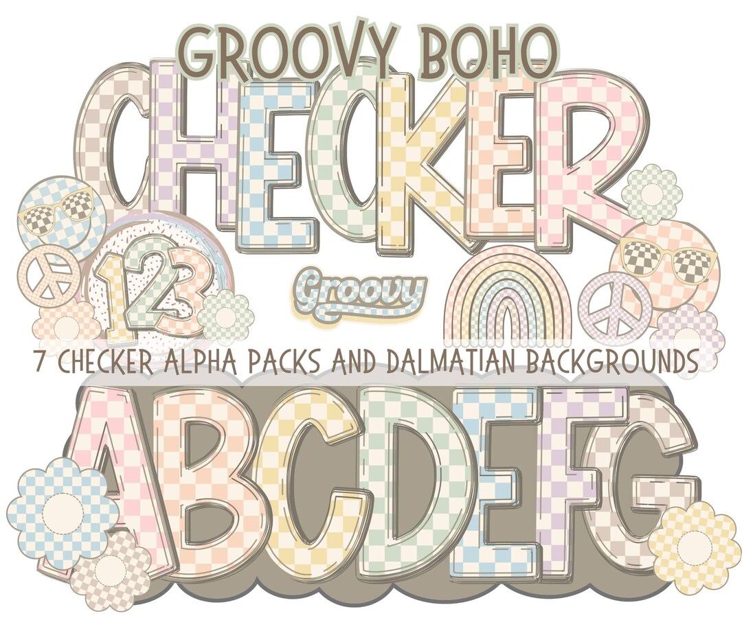 Checker Alphabet Bundle, Boho Alpha Doodle Letters Png, Groovy ...