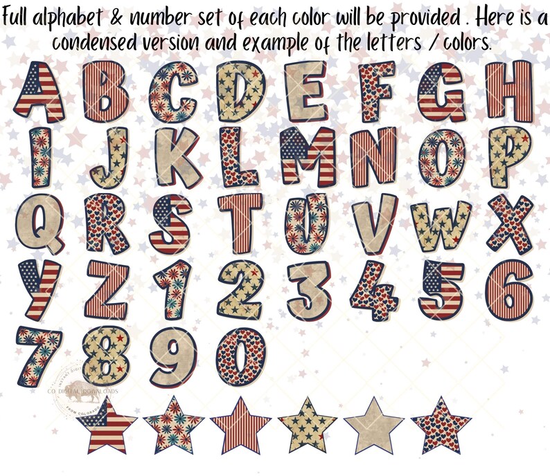 Americana Doodle Alphabet PNG Bundle, Vintage 4th of July Letters ...