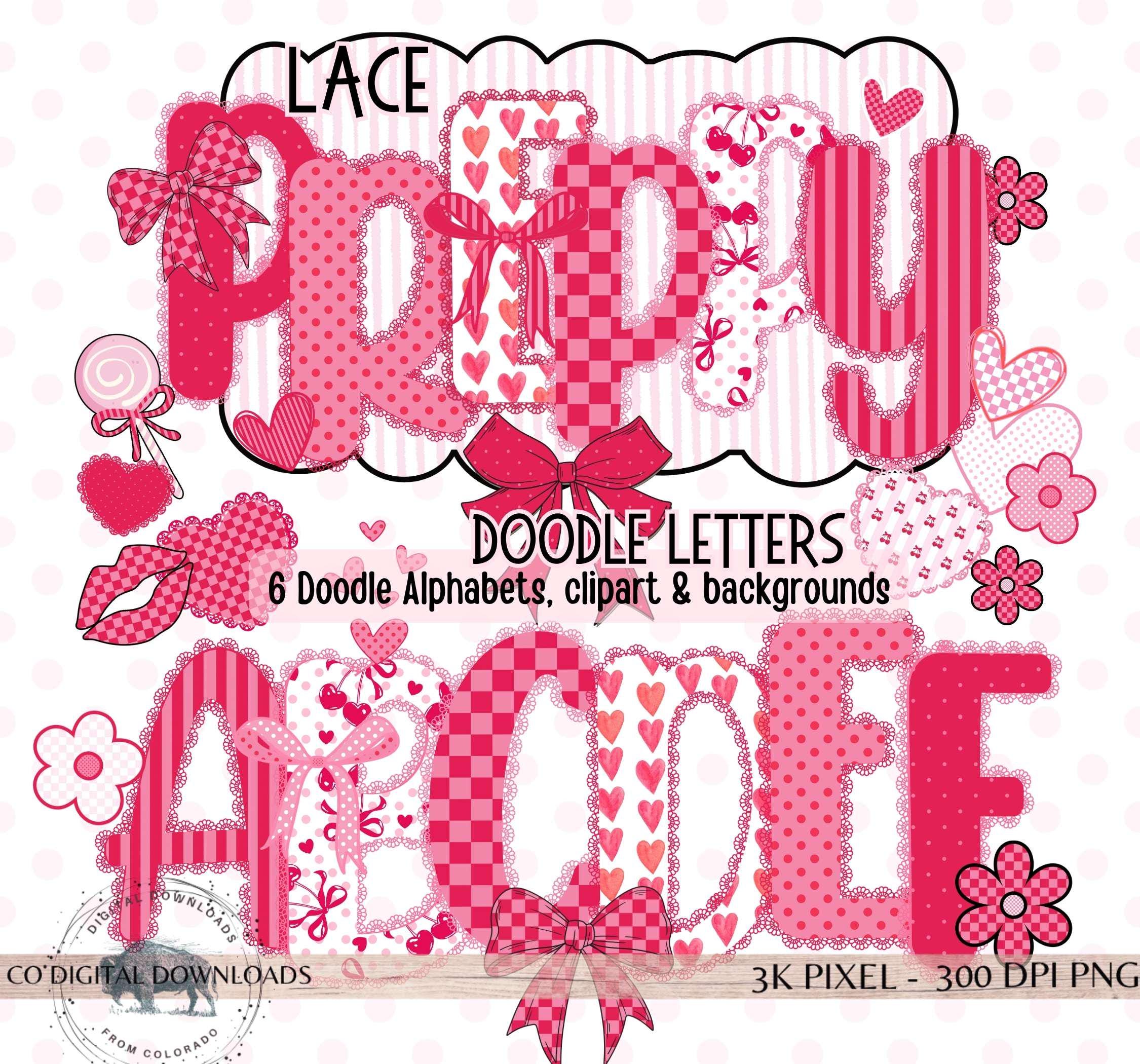 Lace Valentine Alphabet Bundle PNG, Red Pink Doodle Letters, Cherry ...