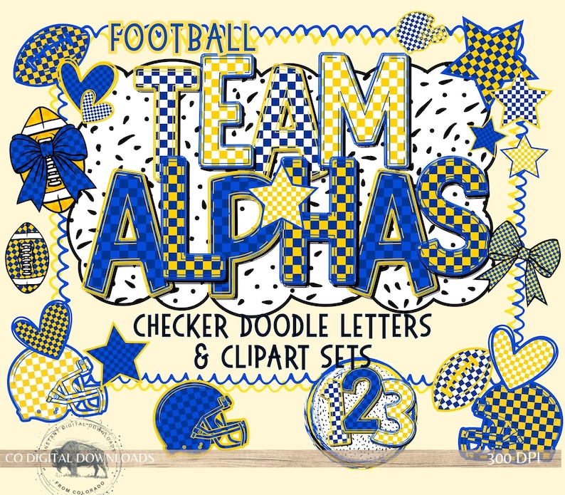 Blue Yellow Team Alphabet PNG Bundle: Football Sports Checker Doodle ...