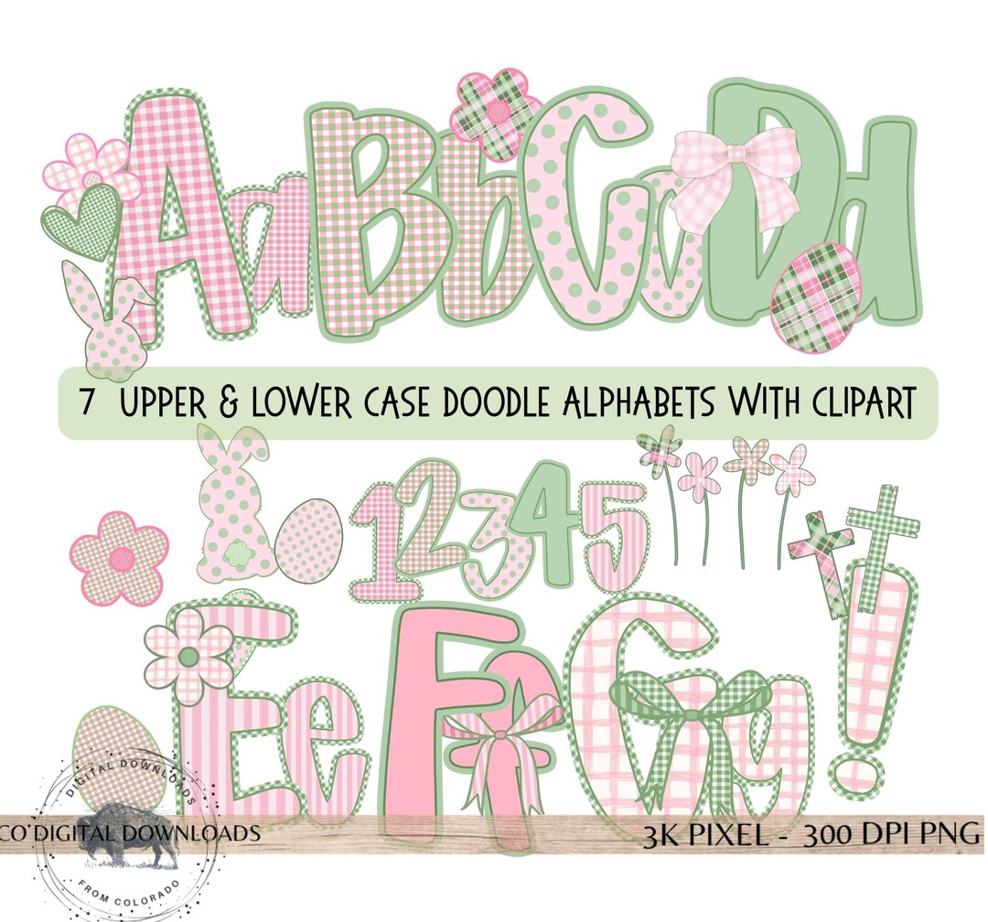 Preppy Pastel Spring Alphabet Bundle PNG, Pink Green Alpha Doodle ...