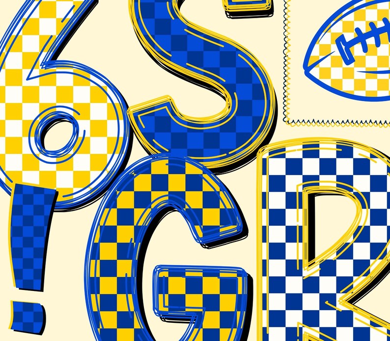 Blue Yellow Team Alphabet PNG Bundle: Football Sports Checker Doodle ...