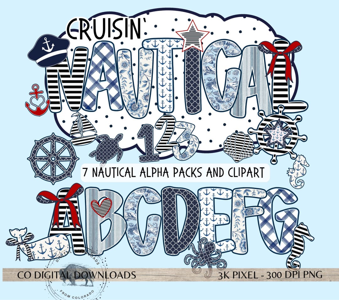 Nautical Alphabet Bundle PNG, Navy Blue Doodle Letters, Summer Alpha ...