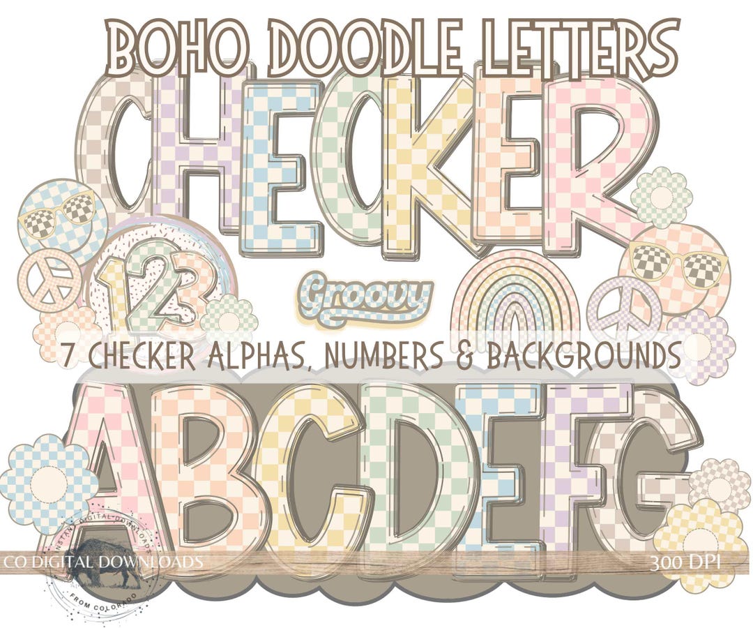 Checker Alphabet Bundle, Boho Alpha Doodle Letters Png, Groovy ...