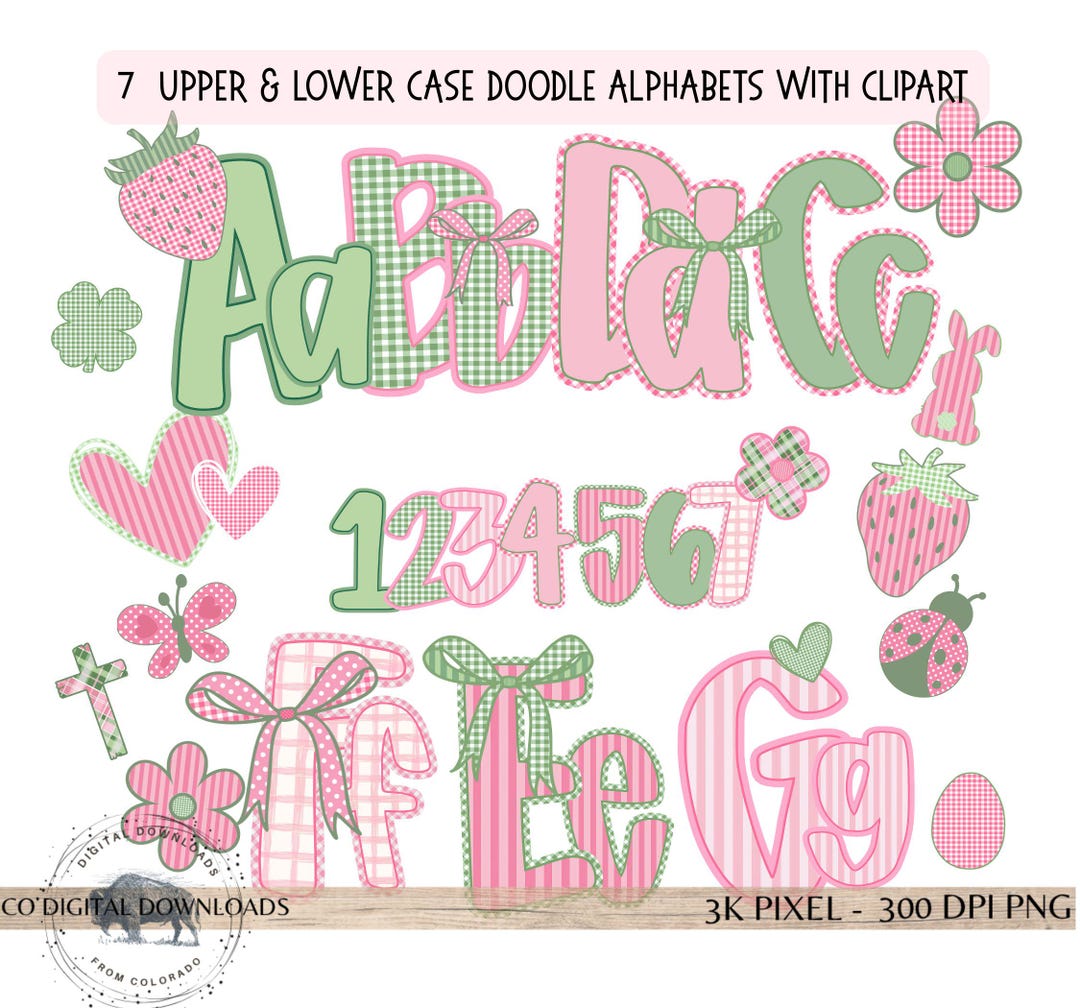 Spring Alphabet Bundle PNG, Preppy Pink Gingham Letters, Pastel Green ...