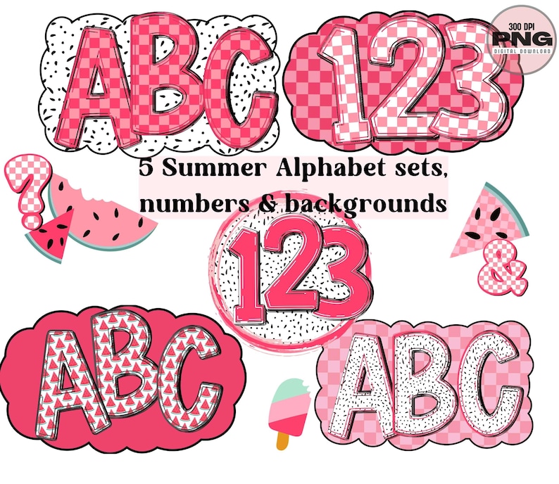 Summer Alphabet PNG, Bright Checker Letters Bundle, Watermelon Clipart ...