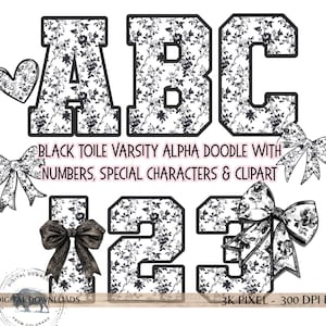 Black Floral Alphabet Doodle PNG, Varsity Toile Letters PNG, Black ...