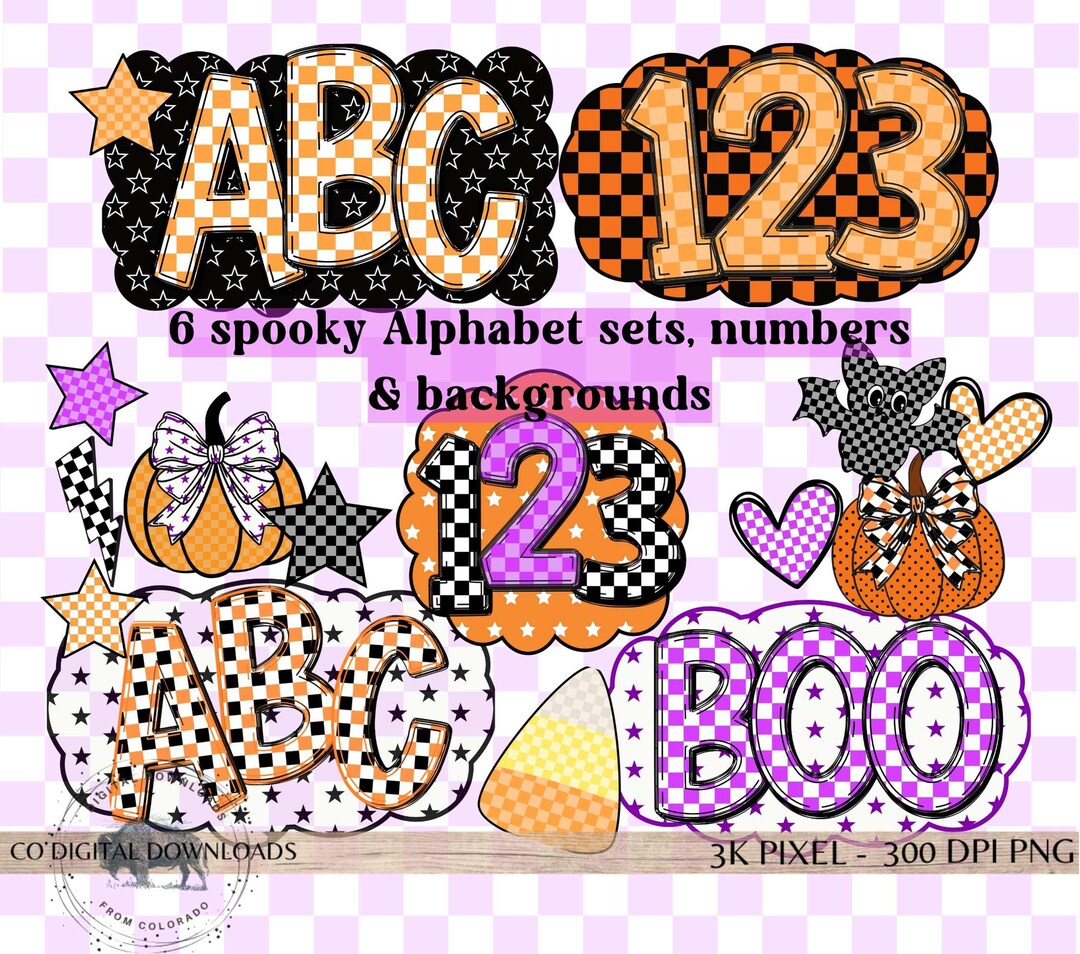 Halloween Alphabet Bundle PNG, Orange Purple Checker Pumpkin, Preppy ...