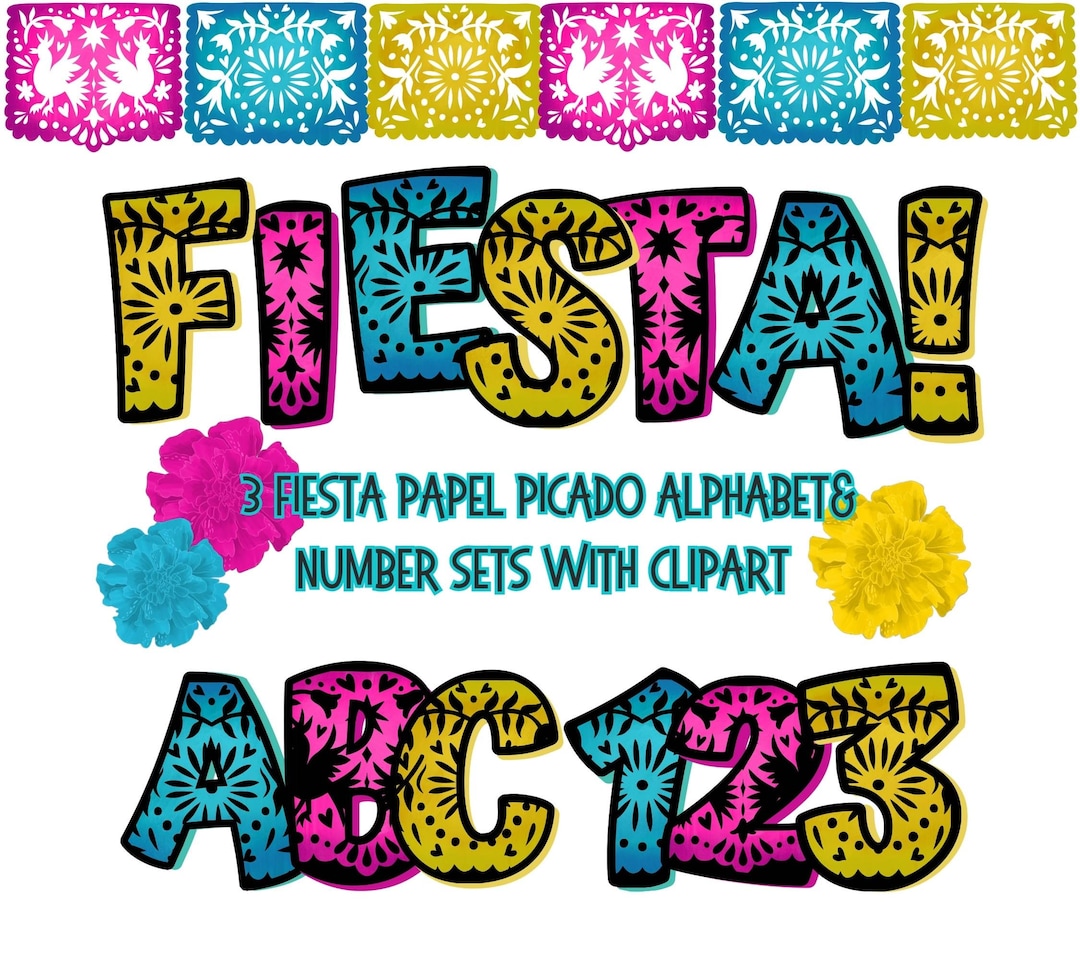 Mexican Fiesta Alphabet PNG Bundle: Papel Picado Doodle Letters, Cinco ...