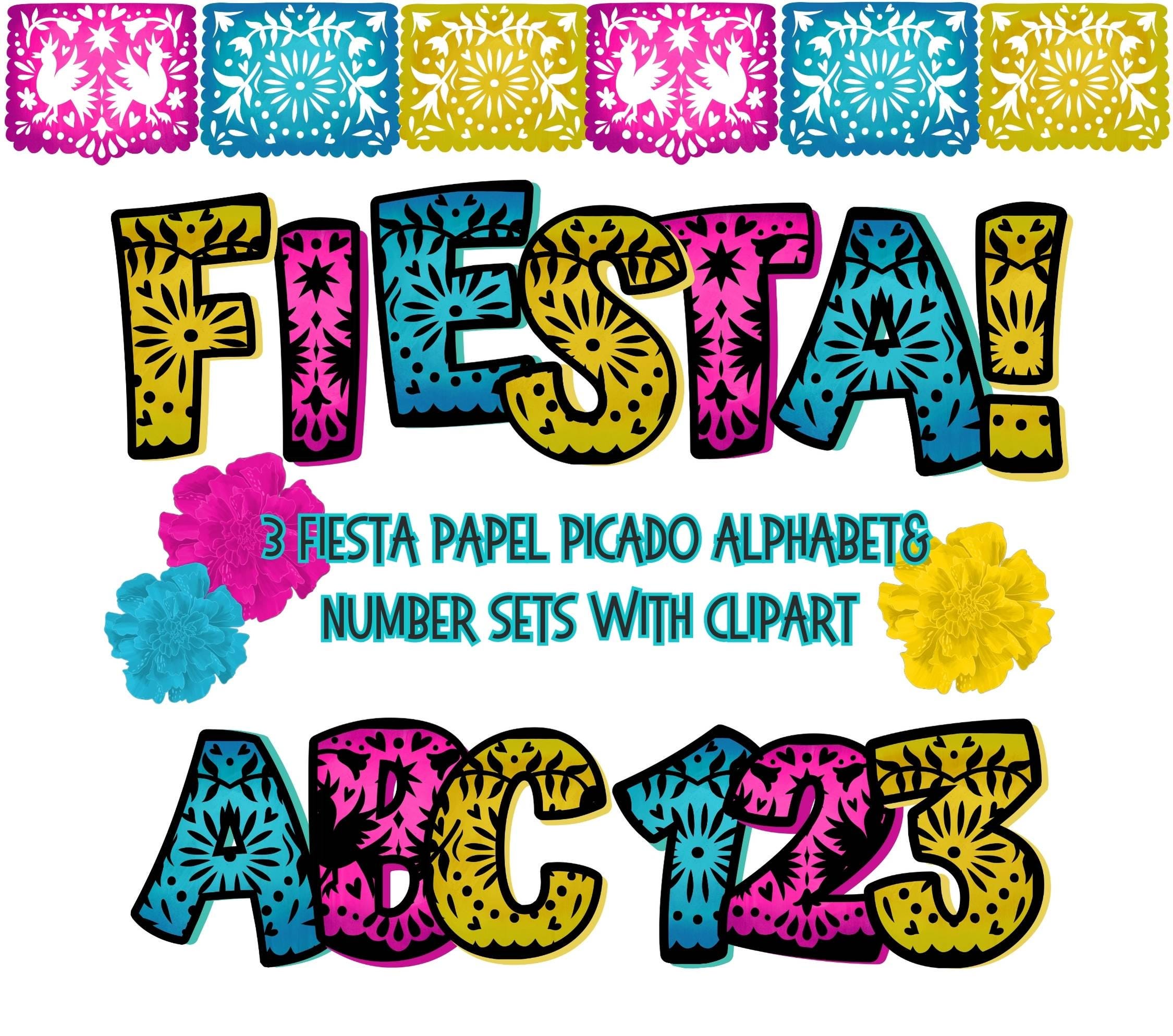 Mexican Fiesta Alphabet PNG Bundle: Papel Picado Doodle Letters, Cinco ...