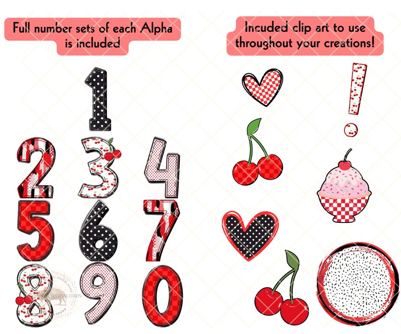 Cherries Alphabet Letters PNG Bundle, Red Checker Summer Color Palette ...