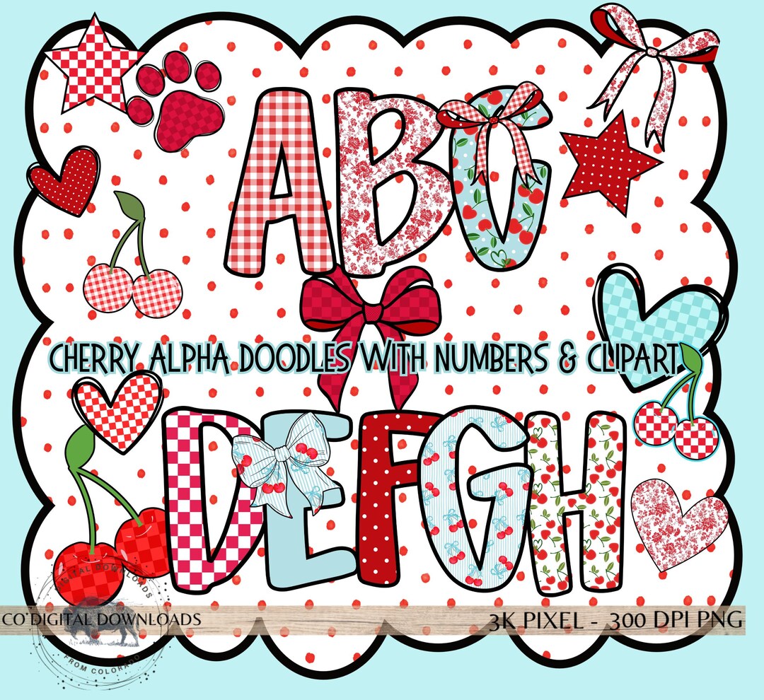 Cherries Alphabet PNG Bundle, Red Checker Doodle Font, 4th of July ...