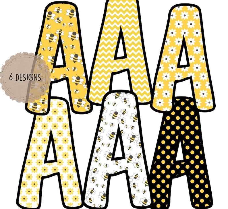 Preppy Bee Alphabet Bundle PNG, Spring Alpha Doodle Letters, Yellow ...