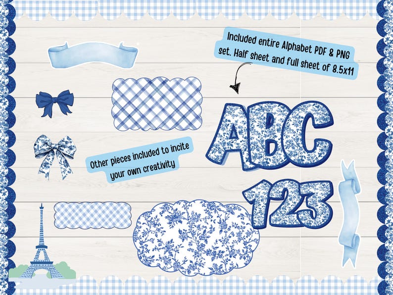 Spring Bulletin Board Kit Bundle, French Toile Theme, Blue Doodle ...