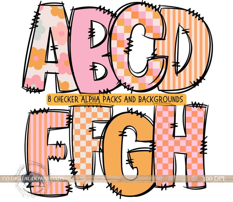 Disco Checker Alphabet PNG, Groovy Pink Doodle Bundle, Halloween Orange ...