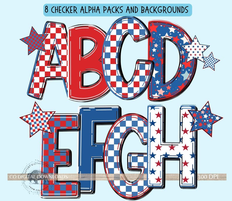 Patriotic Doodle Alphabet Bundle, 4th of July PNG Letters, Numbers ...