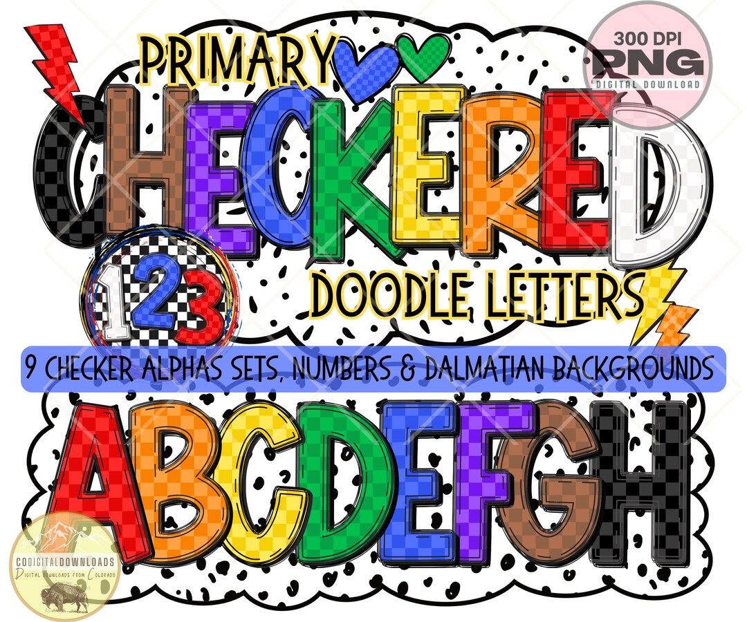 Primary Checker Alphabet Bundle PNG PDF, Alpha Doodle Font, Checkered ...