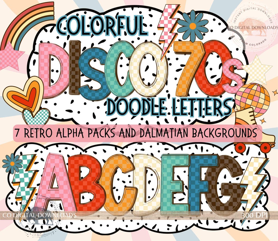 Retro Checker Alphabet Bundle PNG PDF, Disco Alpha Doodle Letters ...