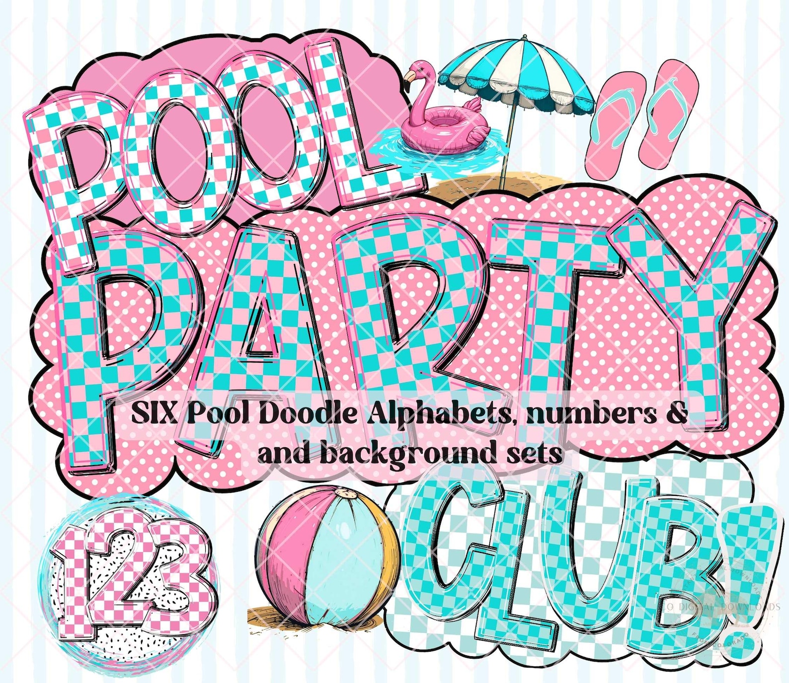 Summer Checker Alphabet Bundle PNG PDF, Alpha Doodle Letters, Checkered ...