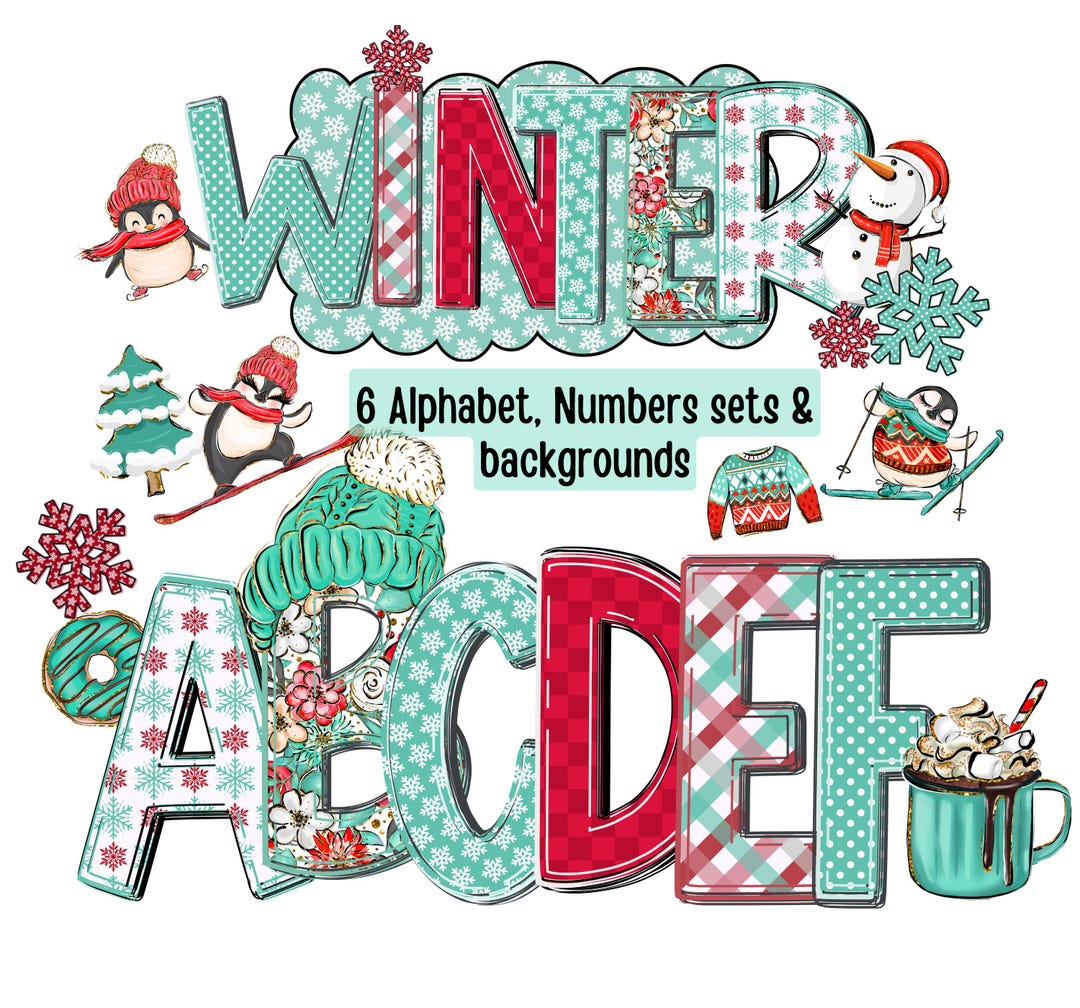 Winter Alphabet Png Bundle, Snowboard Alpha Doodle Letters, Red Aqua ...