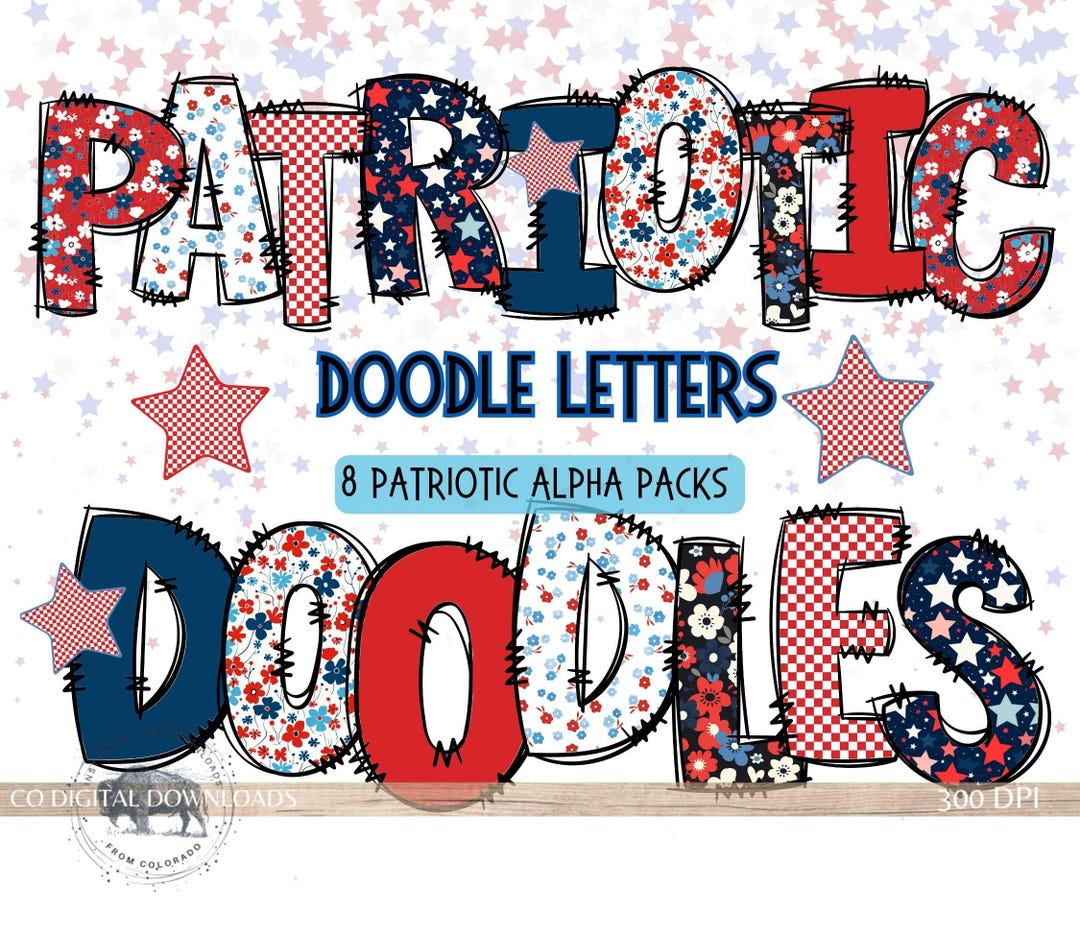 Floral Alphabet PNG, Patriotic Doodle Alphabet Bundle, 4th of July ...